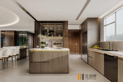 중국 Fadior Celestial Harmony Kitchen Stainless Steel And Woodgrain Fusion With Curved Island 판매용