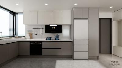 China Fadior Light Grey Stainless Steel U Shaped Kitchen With Extended Island And Open Shelf Design for sale