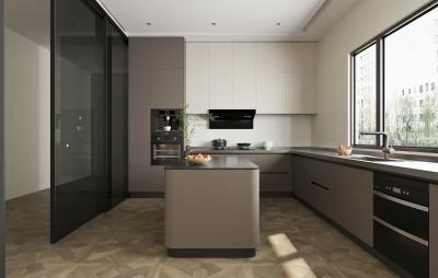 China Fadior L Shaped Curved Island Kitchen In Chestnut Brown And Beige With Black Quartz And Stainless Steel Countertops for sale