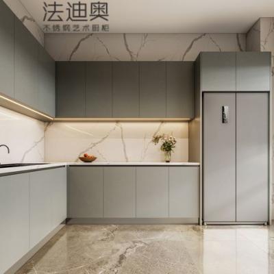 China Fadior Full Stainless Steel Modern Gray L-Shaped Kitchen Cabinet with Integrated Storage & Appliance Space for sale
