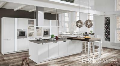 China Matte White Stainless Steel Kitchen Cabinet with Breakfast Bar Island for sale