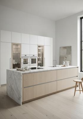 China Pale Oak Veneer Kitchen Cabinets in 304 Stainless Steel for sale
