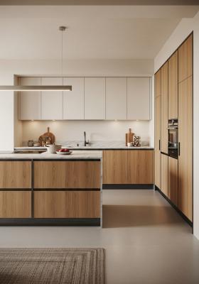 China Japandi Honey Oak Kitchen Cabinet in 304 Stainless Steel with Iron Frames for sale