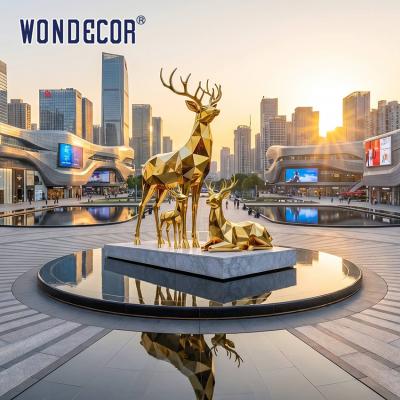 China Large Gold‑Plated Stainless Steel Geometric Faceted Deer Family Sculpture for Shopping Mall Festival Outdoor Landscape for sale