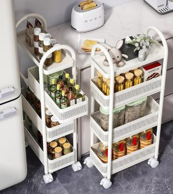 China All Metal Carbon Steel Seam Trolley Gap Storage Rack Anti Drop Basket With Pull Out Silent Wheels for sale