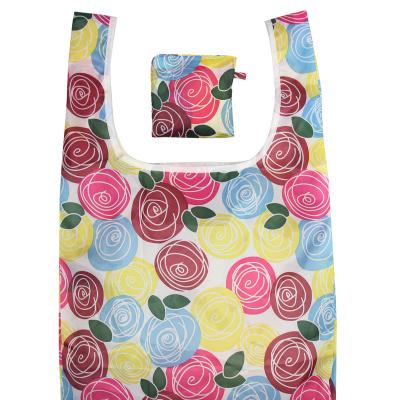 China Custom Logo Printed Portable Reusable Foldable Tote Shopping Bag Polyester Folding Reusable Fashion Bag for sale