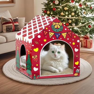 China Cat Scratcher with House Christmas Cardboard Cats House Scratcher Playground for Indoor Cats for sale