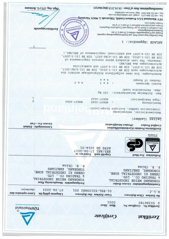 TUV/GS CERTIFICATE - YONGKANG WEIGE INDUSTRIAL&TRADING CO.,LTD