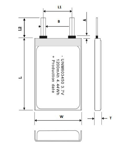 3.7V 1200mAh Rechargeable Lithium Polymer Battery 603450 Dimension Figure
