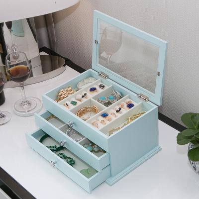 China Factory supply Korean drawer type wooden high-grade three-layer jewelry box storage box for sale