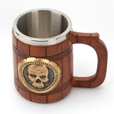 China Amazon Hot Selling Wood Barrel cup Creative Double-Layer Stainless Steel Drinking Cup Retro European Beer Mug for sale