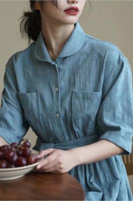 Cina Abbigliamento di tela di tela del tessuto di Maxi Dress 15% del cotone blu-chiaro di 85% in vendita