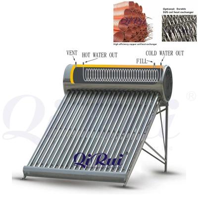 China 2025 Popular 150L 200L 240L 300L Integrated Vacuum Tube Coil Solar Water System All Stainless Steel Pressurized Solar Hot Water Heating Heater with Copper Pipe for sale