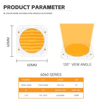 China Dual Color COB 6060 Bi Color LED COB Widely Range Color DC 205V 300w+300w LED COB Chip for sale