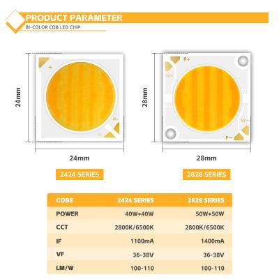 China 50W+50W Dimmable COB 2700k+6500k Chip 28*28mm 1400mA Ra95 High Power LED Diode for Downlight/wash Lights for sale