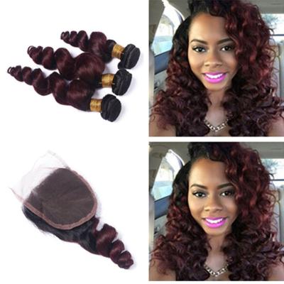 China Loose Wave 1B/99J Human Hair Brazilian Loose Wave Hair 3 Bundle with Closure Colorful Hair Bundles With Closure Deal for sale