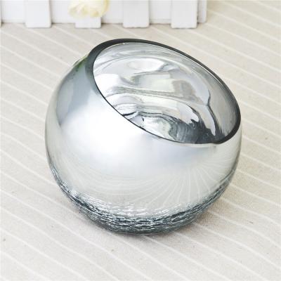 China Handmade crackle glass candle holder blue glass electric plating crackle candle holder for sale