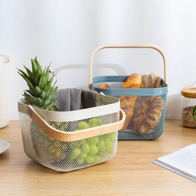 China Kitchen Storage Baskets Food Vegetable Mesh Metal Wire Shopping Fruit Gifting Picnic Other Baskets Storage With Bamboo Handle for sale