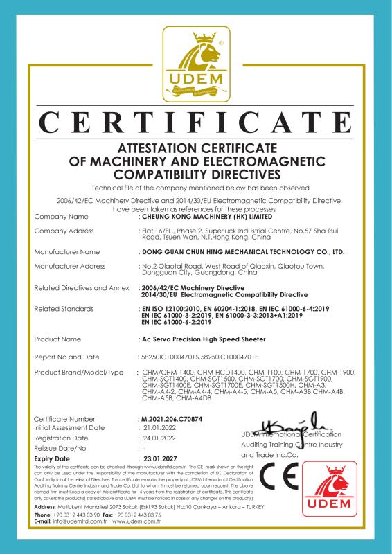 CERTIFICATE - Dongguan Chun Hing Mechanical Technology Co., Ltd.