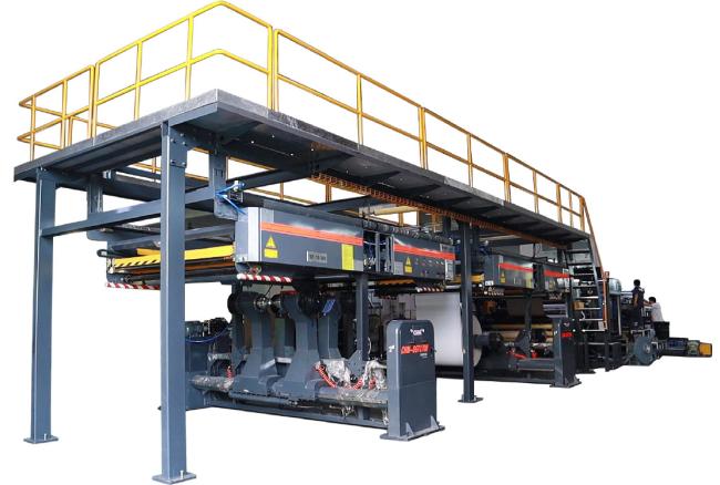 Paper roll handling machine in operation