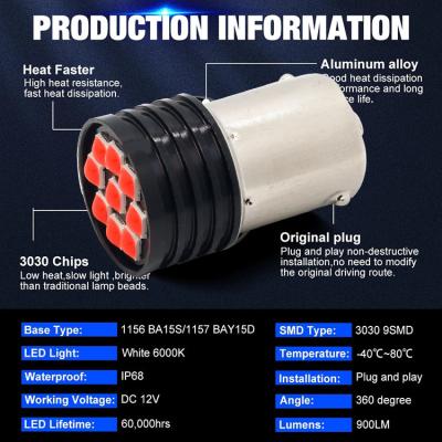 Cina 1157 BAY15D LED P21/5W 1156 BA15S P21W Lampade a LED 9 SMD 3030 R5W R10W Car Reverse Light Brake Tail Lamp in vendita