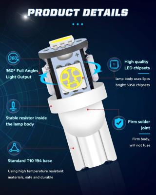 China 194 ampolas automotivos 6500K do diodo emissor de luz firmam T10 SMD 5050 lascam-se à venda