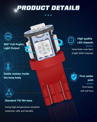 China 194 ampolas automotivos 6500K do diodo emissor de luz firmam T10 SMD 5050 lascam-se à venda