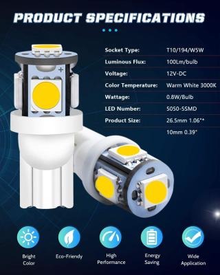 China 194 ampolas automotivos 6500K do diodo emissor de luz firmam T10 SMD 5050 lascam-se à venda