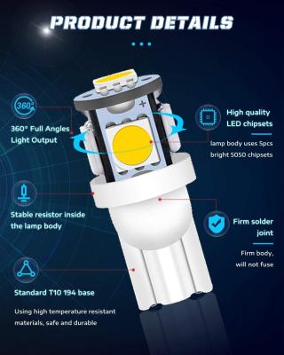 China 194 ampolas automotivos 6500K do diodo emissor de luz firmam T10 SMD 5050 lascam-se à venda