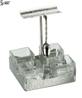 Cina Sauce Stand With Spoon And Four Glass Cups Stainless Steel Tableware For Restaurant in vendita