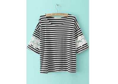 China Blouses Casual Round Neck Shirt Half Sleeve Striped Lace Loose for sale
