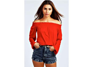 China Long Sleeveless Ladies Tops And Blouses Stretch Neckline Shirred for sale
