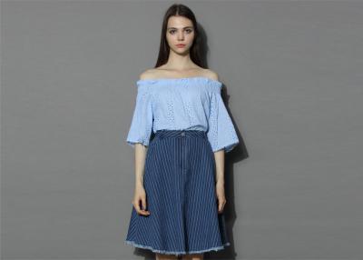 China Eyelet Embroidered Elastic Ruffled Off-shoulder Ladies Top In Blue for sale