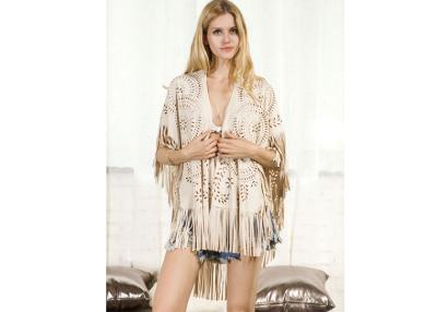China Suedette Beige Sleeveless Blouses Asymmetric Fringed Geometry Kimonos Cape for sale