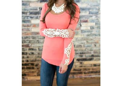 China Summer Navy Lace Long Sleeve Blouses With Scoopneck Round Hem for sale