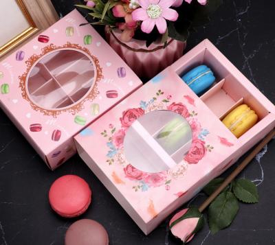 China Pink Feather Rose Macaron Gift Box With Clear Window Elegant French Dessert Packaging For Parties Weddings Favors for sale