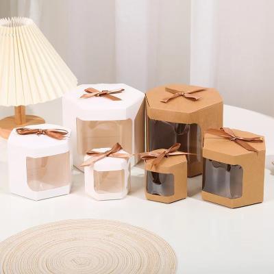China White Ribbon Hexagonal Gift Box Folding Candy Gift Packaging Box Cake Candy Box for sale