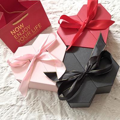 China Heart Shaped Gift Box Set Premium Double Door Wedding Favors Packaging Silk Ribbon Decor for sale
