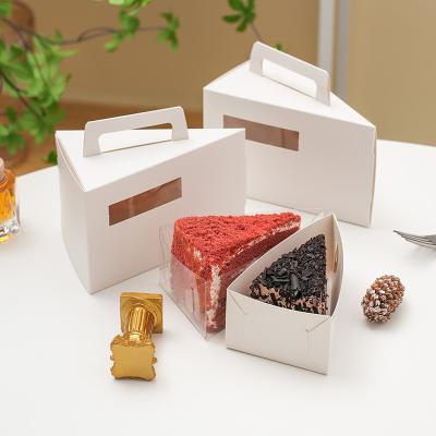 China Triangle Window Cake Box Set White Kraft Brown Takeout Packaging Transparent View Window Carry Handle for sale