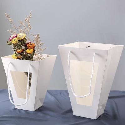 China Window Kraft Flower Gift Bag Set Natural Tote Packaging With Display Window White Kraft Options Rope Handles for sale