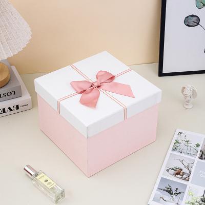 China Premium Gift Box Set Large Pink Square Packaging White Lid With Bow Christmas Birthday Ready for sale
