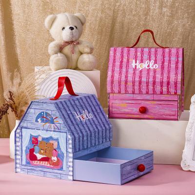 China Bear Couple Drawer Box Cartoon House Shaped Gift Packaging Childrens Day Present Pull Out Drawer Design With Handle for sale
