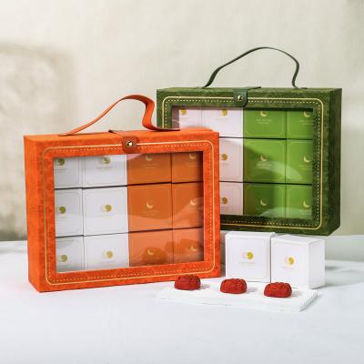 China Luxury Gift Box Set Premium Leather Handle Packaging Transparent Viewing Window Orange Green for sale