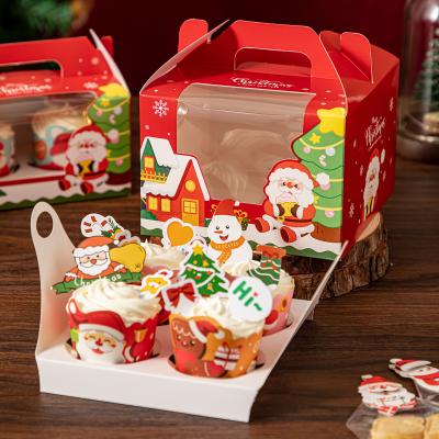 China Christmas Cupcake Box Set Transparent Window Bakery Packaging Handle Carry Boxes Festive Santa Tree Pattern for sale