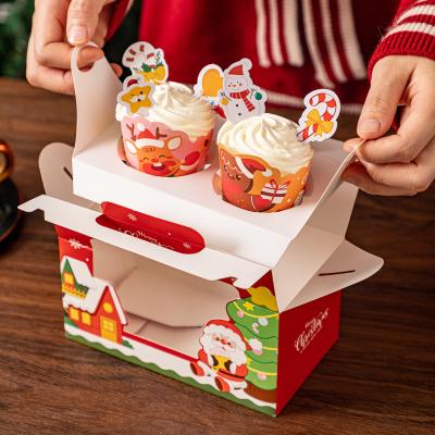 China Christmas Cupcake Box Set Transparent Window Bakery Packaging Handle Carry Boxes Festive Santa Tree Pattern for sale