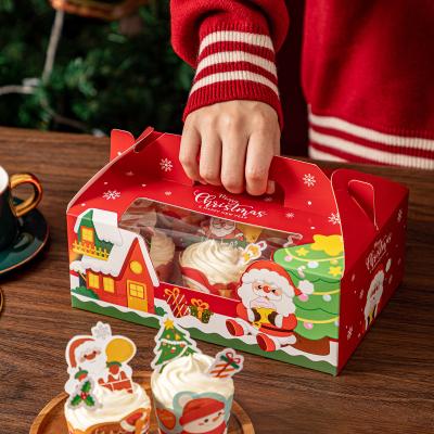 China Christmas Cupcake Box Set Transparent Window Bakery Packaging Handle Carry Boxes Festive Santa Tree Pattern for sale