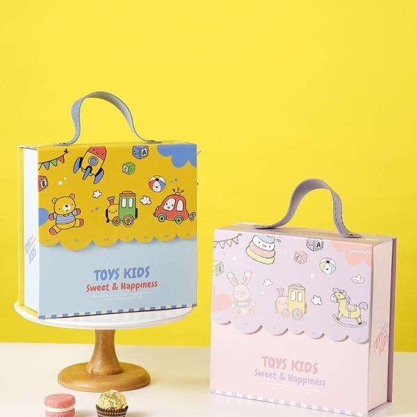 Quality Sweet Happiness Flip Top Gift Box Portable Kids Birthday Baby Shower Favor Box Cute Animal Train Design Yellow Theme for sale