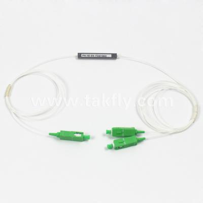 China 1 to 2 SC APC fiber optic PLC splitter mini mode type 0.9mm 1.5m in & out fiber for sale
