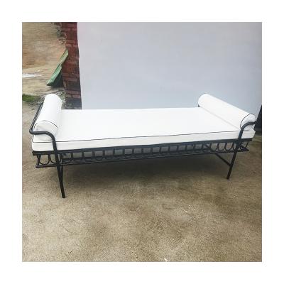 China WENDING Black Iron Scrollwork Bed End Bench – White Bolster Ottoman Hotel Bedroom Bench for sale