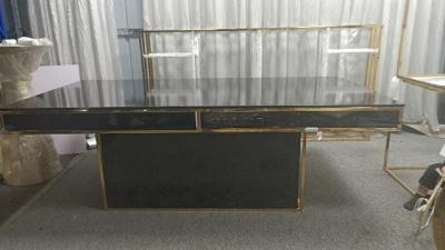 China WENDING Black & Gold Rectangular Signing Desk with Back Shelf – Wedding Reception Counter for sale